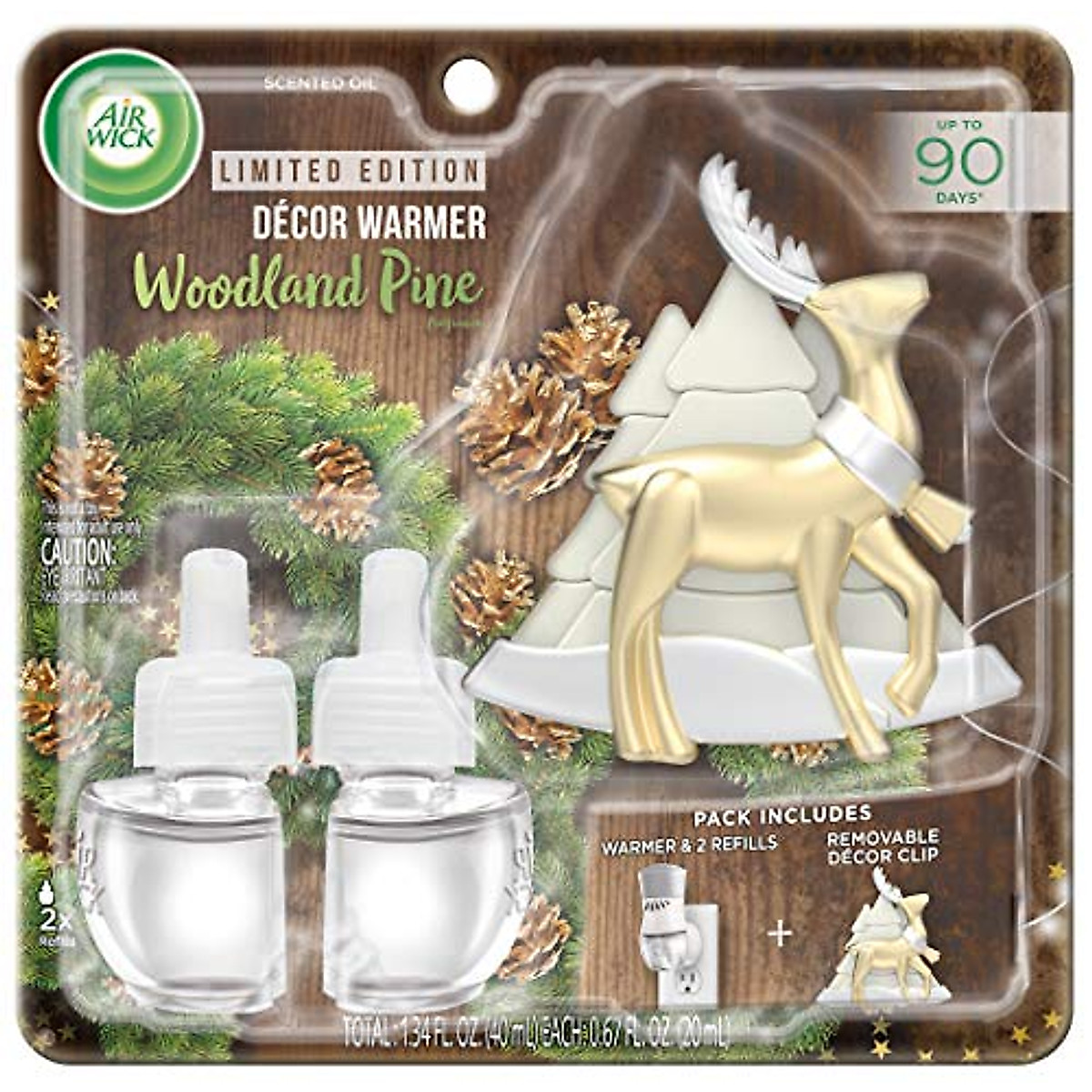 Air Wick Plug in Scented Oil Starter Kit with Tree and Reindeer Free Decorative Warmer + 2 Refills, Woodland Pine, Fall Scent, Fall Spray, (2x0.67oz), Essential Oils, Air Freshener