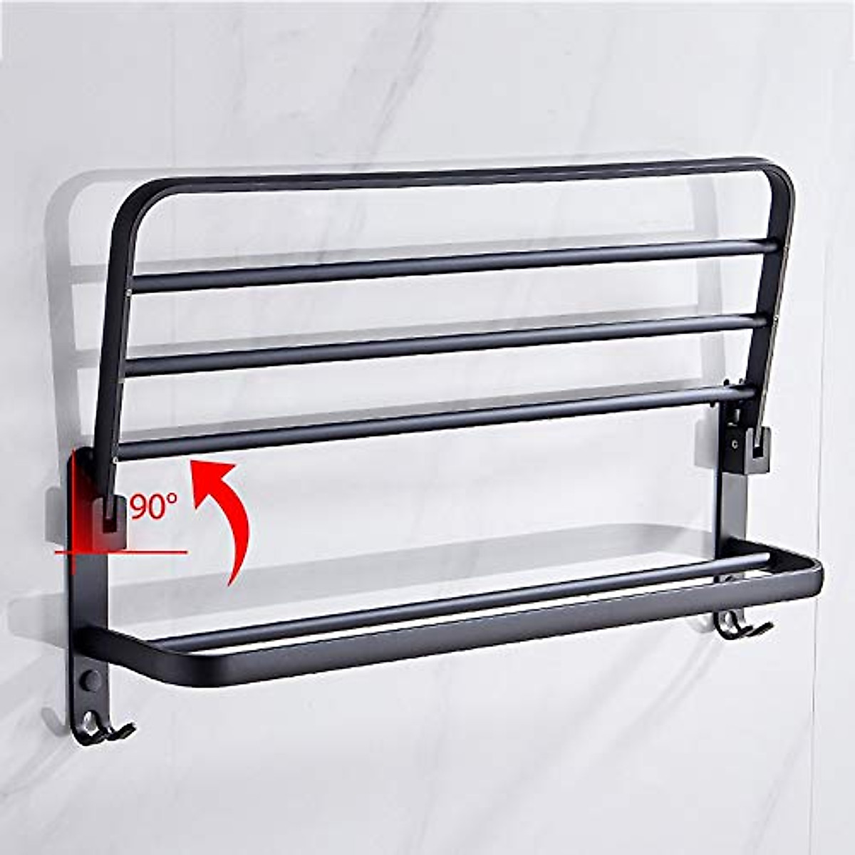 JRMM Towel Racks for Bathroom Wall Mounted Towel Shelf with Two Towel Bars and Hooks, Multifunction Foldable Double Towel Bars, No Rust, Aluminum, Matte Black22.6 inch