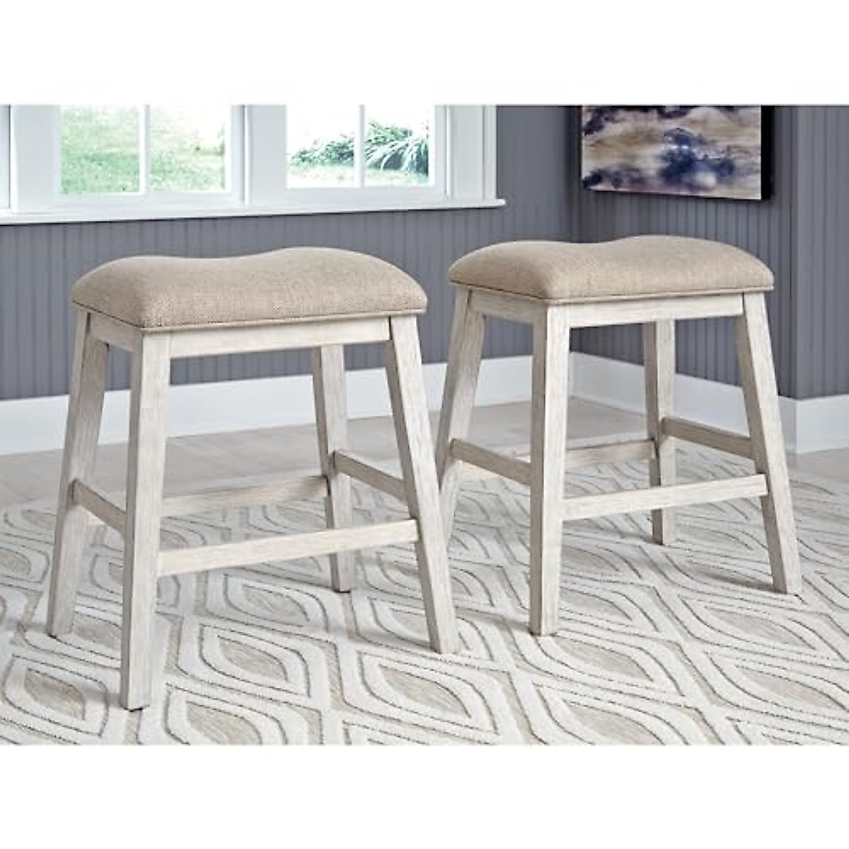 Signature Design by Ashley Skempton Modern 24" Counter Height Upholstered Barstool, 2 Count, Whitewash