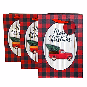 Iconikal Medium Size Christmas Gift Bags, Red Buffalo Plaid with Red Truck, 10-Count Set