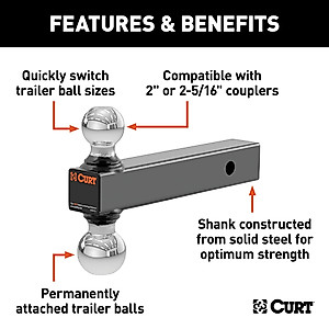 CURT 45665 Multi-Ball Trailer Hitch Ball Mount, 2, 2-5/16-Inch Balls, Fits 2-Inch Receiver, 10,000 lbs