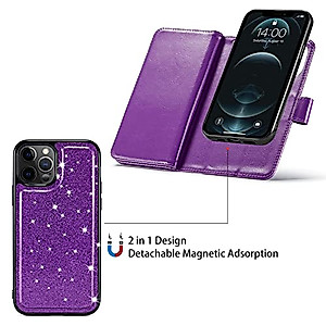 Varikke iPhone 11 Wallet Case for Women - Glitter PU Leather, Card Holders, Magnetic Detachable Phone Case, Kickstand, Strap - Dark Purple