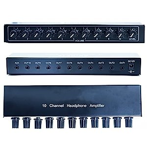 aux Mini Jack TRS 3.5 mm Input 1 in 10 Out Channel Headphone Amplifier Stereo Audio Amp with 12V 1A Power Adapter Distributor Headphone Splitter for Studio and Stage Black