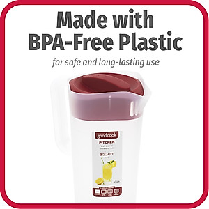 Good Cook 1/2 Gallon Plastic Straining Pitcher Square Lid with 3 Strainers and Close No Spill, Dishwasher Safe, Clear and Red