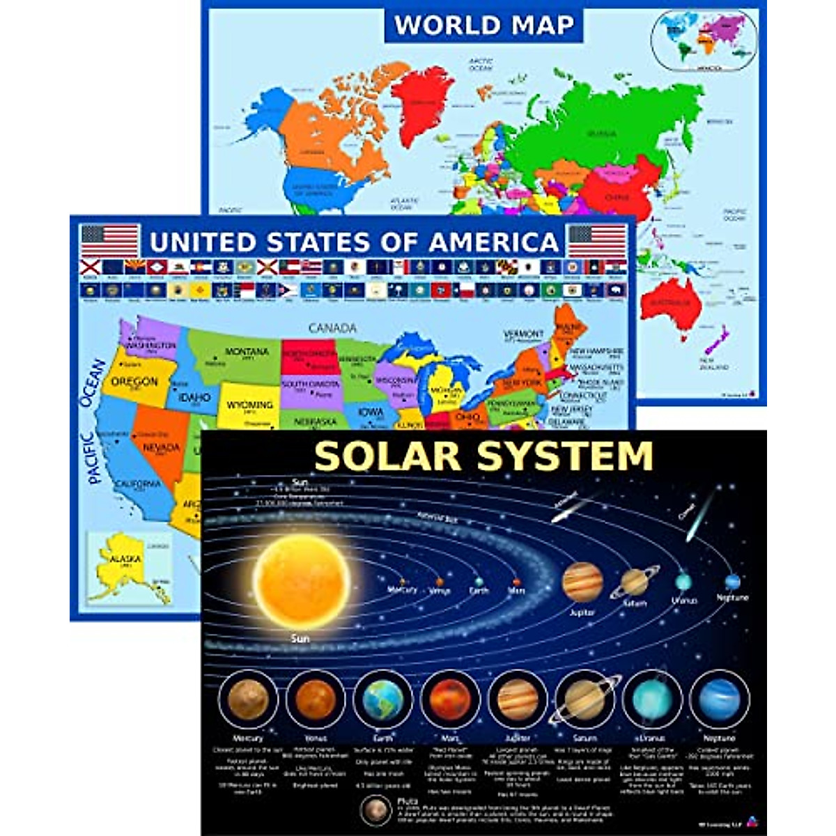 World Map, United States Map, and Solar System Poster with Extra Features – Laminated 14x19.5 in – Educational Posters, Classroom Decorations, Teachers Supplies, Virtual Learning for Kids, Homeschool Decor