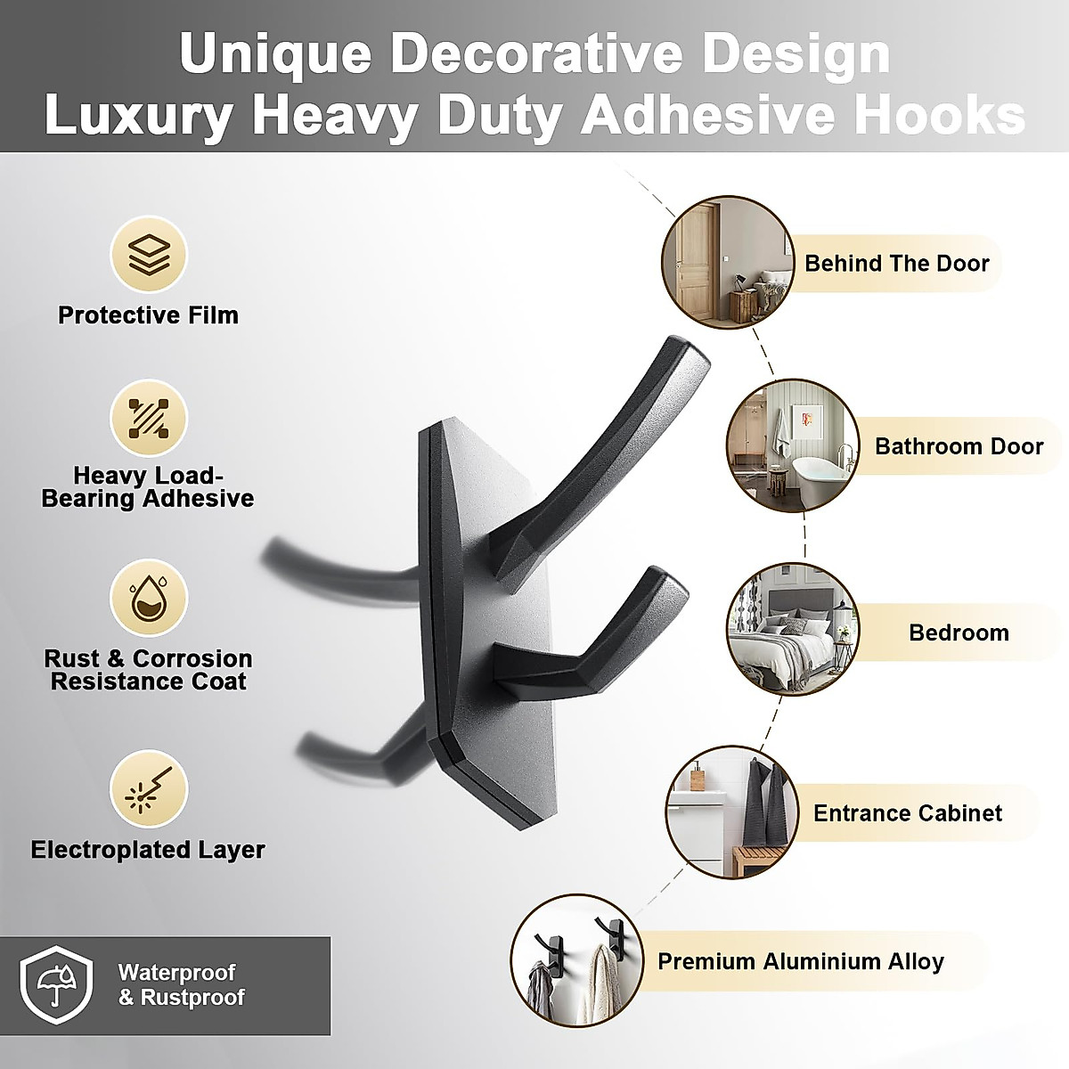 INVIHUG, Large Size Modern Adhesive Wall Hooks, Heavy Duty RV Hooks for Hanging Jacket, Coat, Towel, Robe, Loofah in Bathroom, Kitchen, Rv and Office Wall Mount (2 Packs, Black)