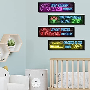 4 Pcs Printed Neon Gaming Posters, Boys Room Decorations for Bedroom, gamer wall art,Gamer, Teen boy bedroom,Neon Gaming Decor for Boys Room Wooden