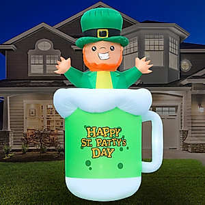 Holidayana 9ft St Patricks Day Inflatable Leprechaun Beer Mug - St Patty’s Leprechaun Coming Out of Beer Blow Up Yard Decoration, Includes Built-in Bulbs, Tie-Down Points, and Powerful Built-in Fan