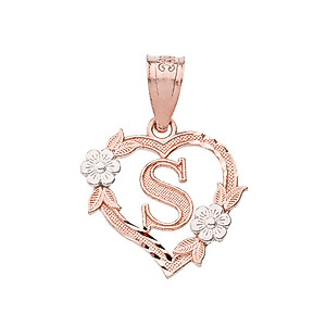 CaliRoseJewelry 14k Beautiful Two-Tone Initial Heart Pendant for Women in Rose and White Gold - Letter S