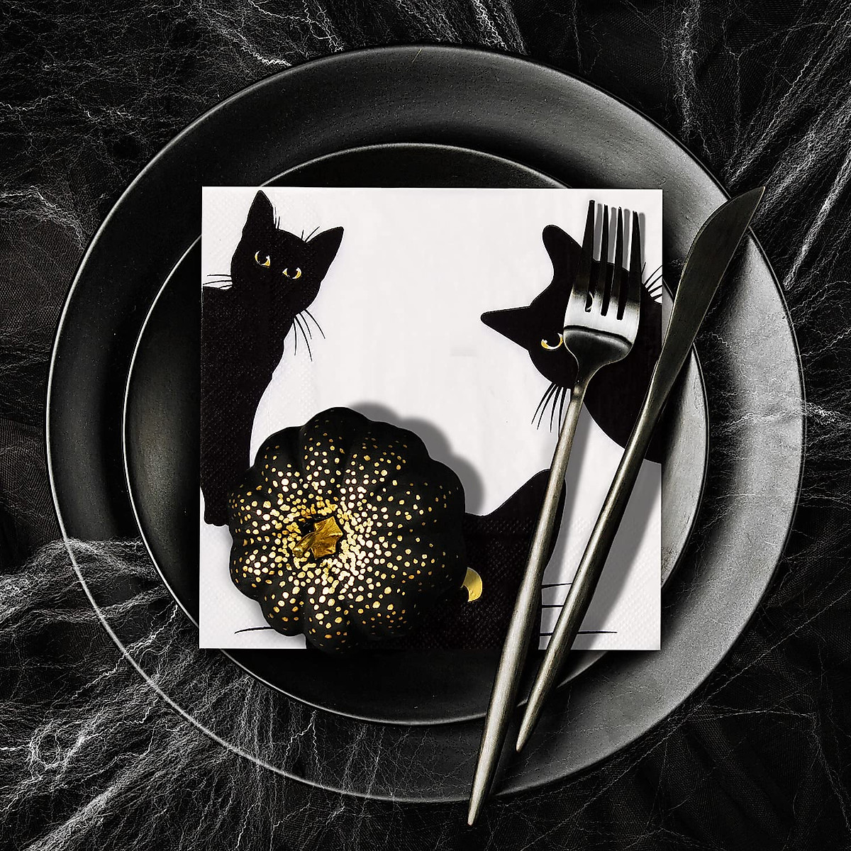 Quera 50 Pack Black Cat Disposable Paper Napkins Party Supplies Halloween Paper Napkins Cocktail Napkins Perfect For Halloween Black Cat Gifts Dinner Party Decoration 6.5'' X 6.5''