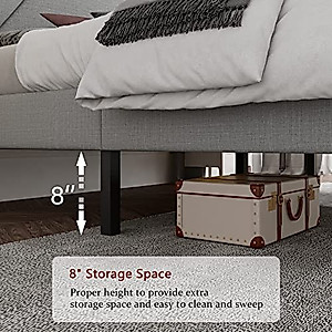 Feonase Queen Size Platform Bed Frame with Wingback, Geometric Upholstered Bed Frame with Fabric Headboard, Solid Wooden Slats, No Box Spring Needed, Easy Assembly, Noise-Free, Light Gray