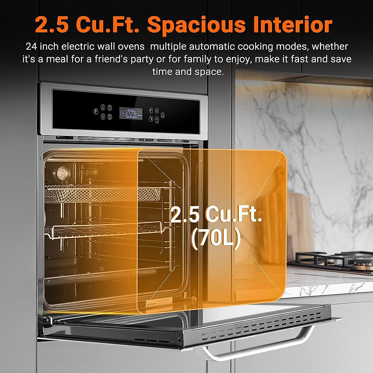 AAOBOSI Single Wall Oven, 24 Inch Electric Built-in Convection Oven 2.5 Cu.Ft 2800W 240V LED Digital Display Touch Control Timer Alarm Clock ChildLock for Kitchen,Drop Down Door in Stainless Steel