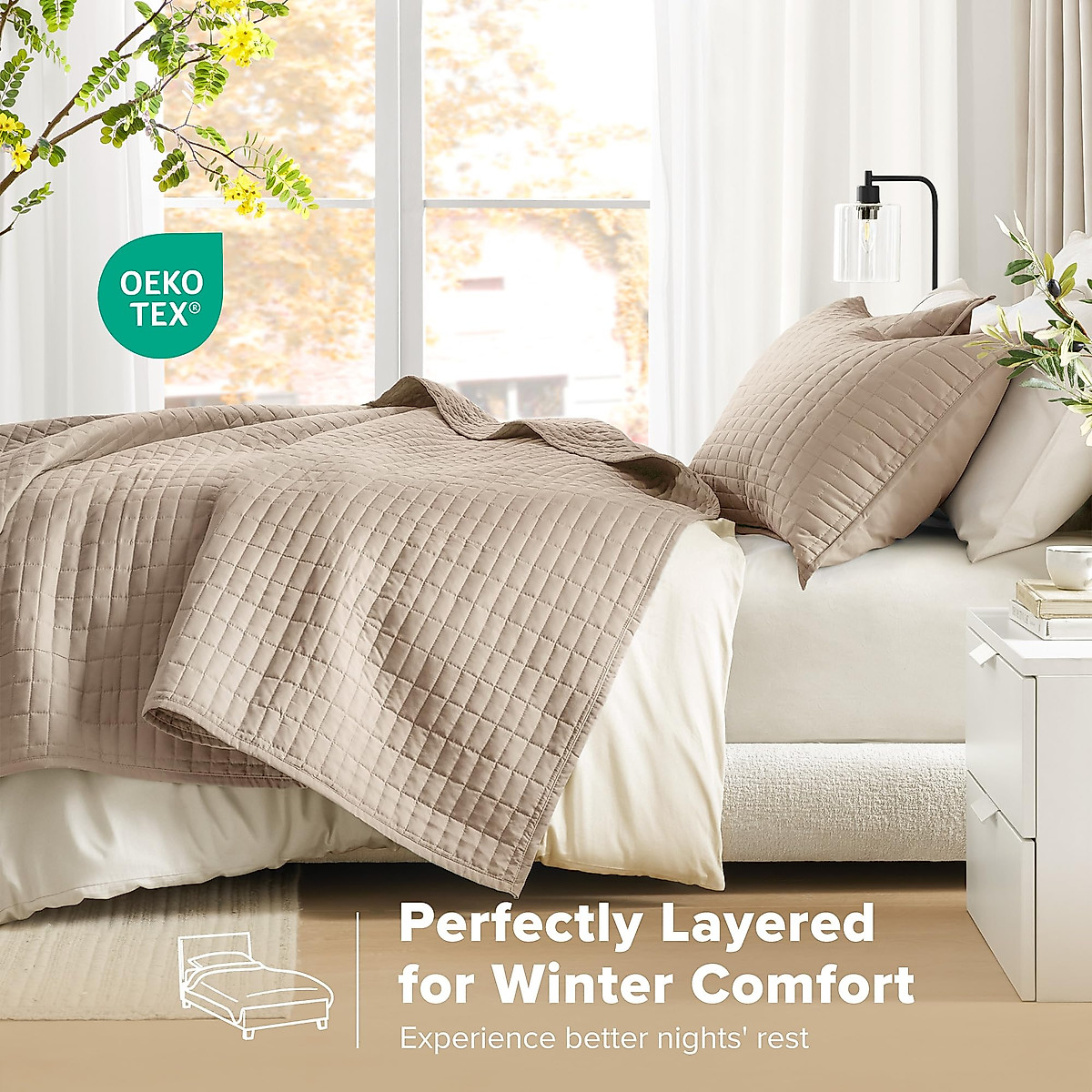 Comfort Spaces Kienna Quilt Set-Luxury Double Sided Stitching Design Summer Blanket, Lightweight, Soft, All Season Bedding Layer, Matching Sham, Taupe, Coverlet Full/Queen(90"x90") 3 Piece