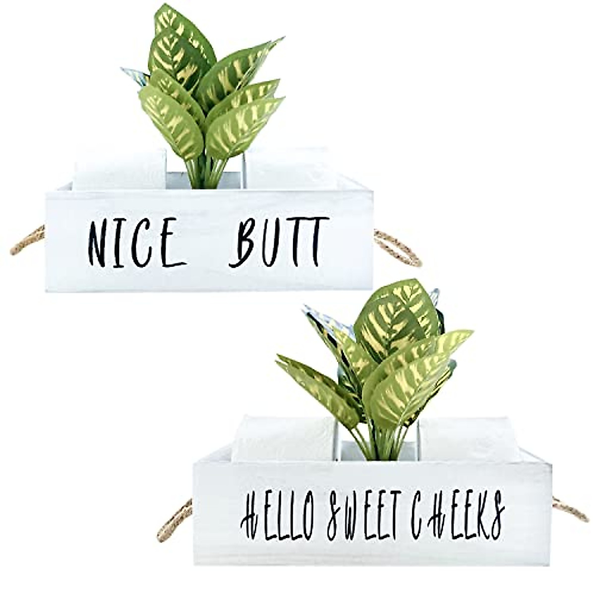 Pret & Lively Farmhouse Box, Nice Butt, Hello Sweet Cheeks,Home Decor, Storage Basket, Toilet Paper Holder, Funny Gift, Diaper Caddy, Cute Signs, Rustic Wooden Crate with Rope Handles, White
