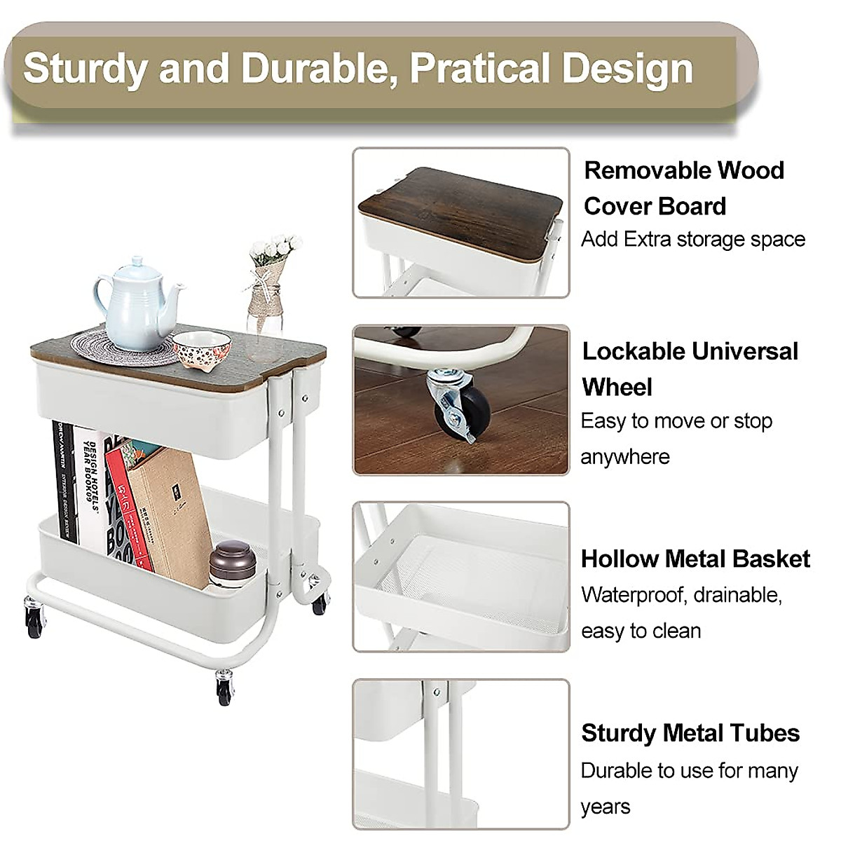 2 Tier Metal Utility Rolling Cart Storage Organizer with Cover Board, Mobile Trolley Sofa Side Table with Wheels for Office Home Kitchen Organization, White