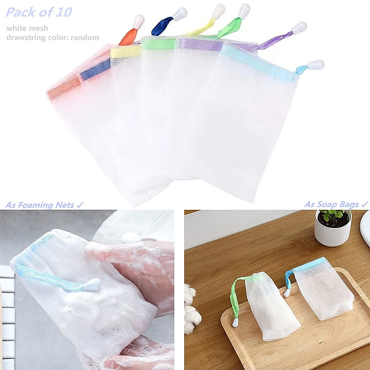 FULINJOY 10 PCS Exfoliating Mesh Soap Saver Pouch Bag Sack, Face Cleansing Foaming Nets, White Pouch with Drawstring (Color Random)