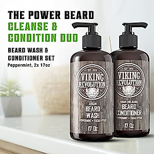 Viking Revolution Beard Wash & Beard Conditioner Set w/Argan & Jojoba Oils – Softens, Smooths & Strengthens Beard Growth - Natural Peppermint and Eucalyptus Scent - Beard Shampoo w/Beard Oil (17 oz)