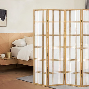 MoNiBloom Oriental Room Dividers and Folding Privacy Screens 5.7ft Shoji Room Divider Double Cross Folding Partition Freestanding Wood Wall Dividers with 4 Panel for Office Changing Room, Natural