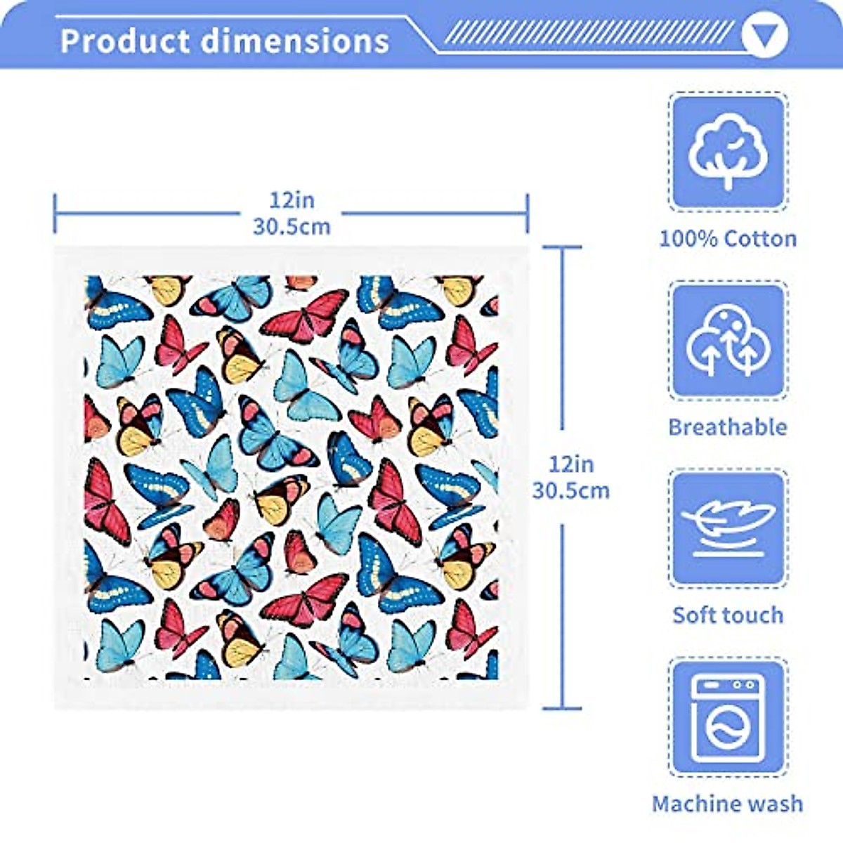 ALAZA Colorful Butterfly Towels Cotton Washcloths Set, Soft Absorbent Quick Dry Face Cloths, Multi-Purpose Fingertip Towels for Bathroom,Hotel,Travel,12'' x 12'' (2 Pack)