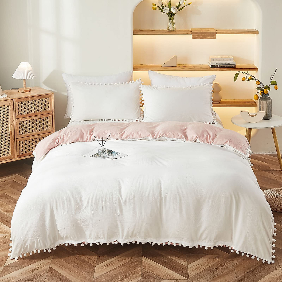 Bedbay Pink and White Duvet Cover Girls Bedding Twin Preppy Bedding Boys Kids Cute Pom Pom Bedding Set Aesthetic Room Decor Ultra Soft Microfiber Boho Bedding Set(White&Pink,Twin)