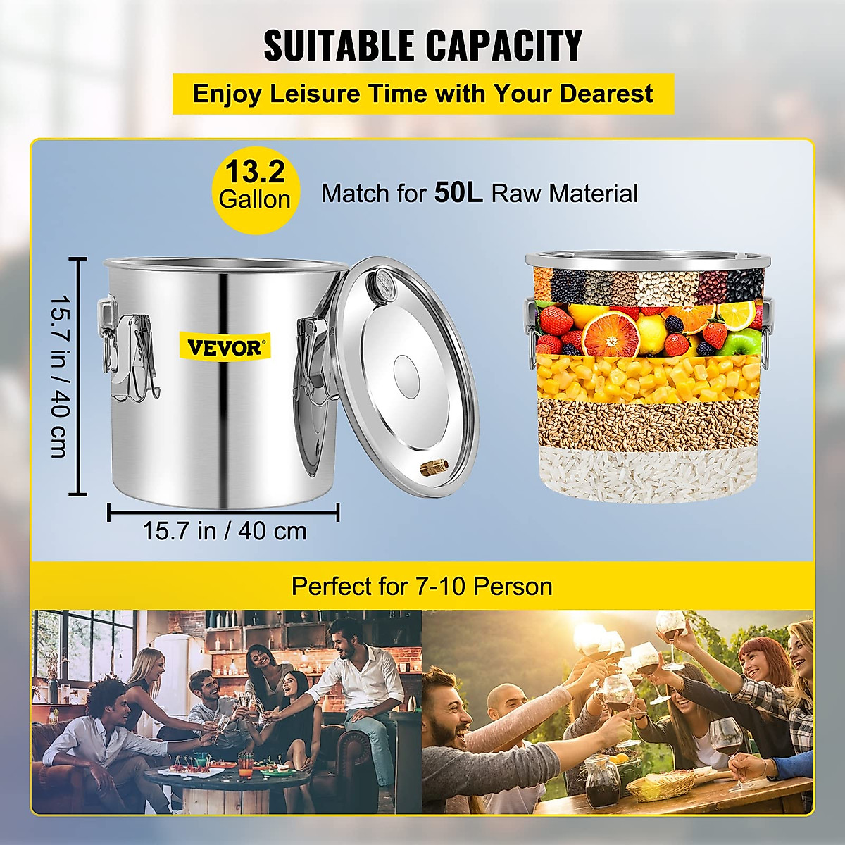 VEVOR Alcohol Still, 13.2Gal / 50L Stainless Steel Water Alcohol Distiller Copper Tube Home Brewing Kit Build-in Thermometer, Silver & Hydrometer - Alcohol, 0-200 Proof and Tralle