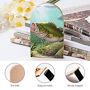 Wooden Book Ends 2 Pieces,Bass Fish Decorative Bookshelf Sturdy Book Holders for Home Office School Book Organizers 5x3.1x3.9 inches