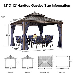 PURPLE LEAF 12' X 12' Hardtop Gazebo Canopy with Netting and Curtains for Outdoor Hot Tub Heavy Duty Backyard Sunshade Deck Metal Roof Patio Permanent Pavilion