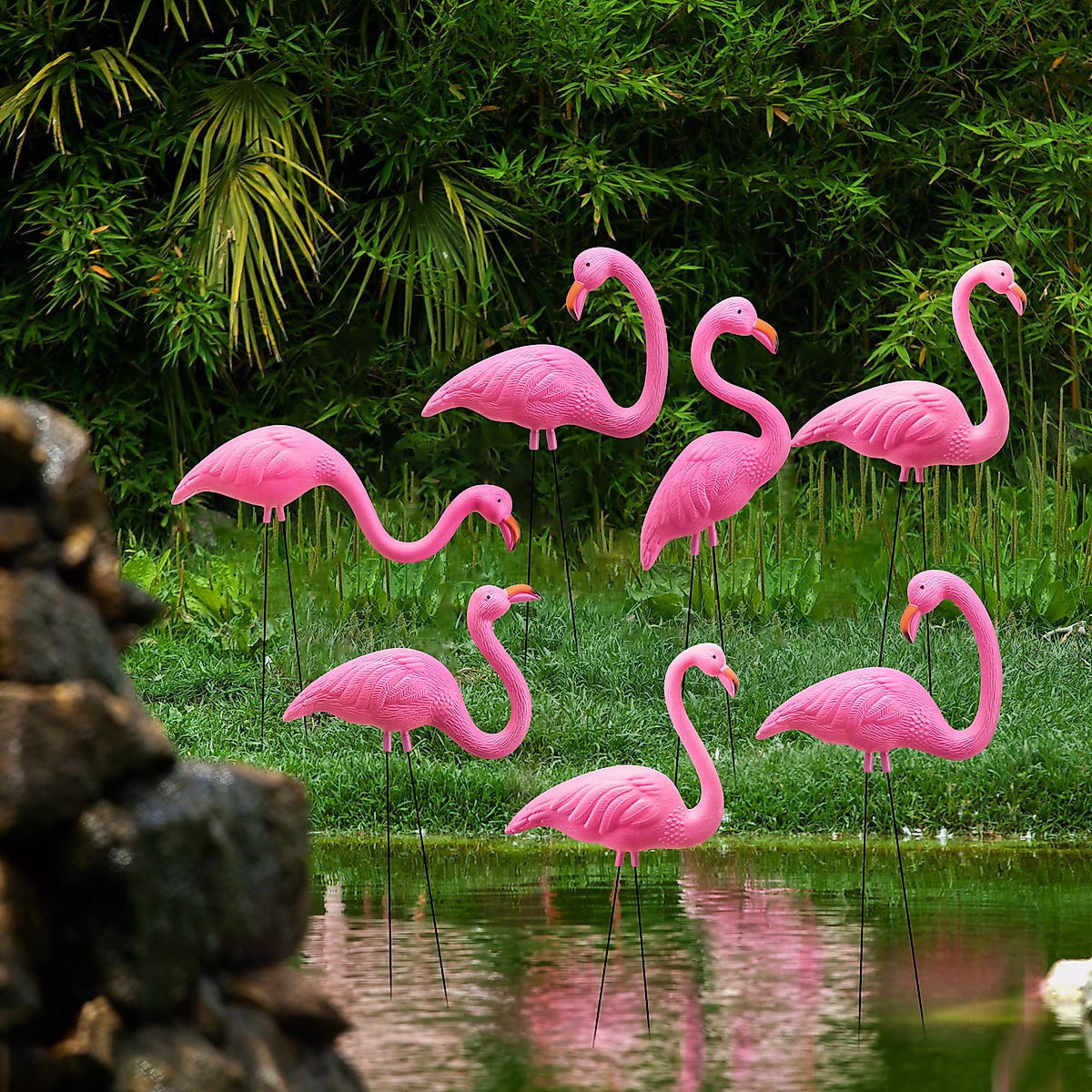 JOYIN 10 Pack Small Yard Flamingos Ornament Stakes, Mini Pink Flamingo Yard Decorations, Mini Lawn Plastic Flamingo Statue with Rubber Coating Metal Legs for Outdoor, Garden, Luau Party Gift (3-10IN)