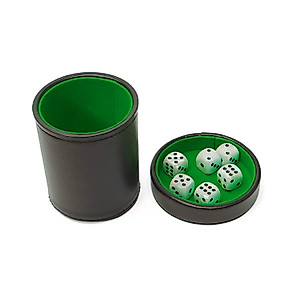 Luck Lab Black Leather Dice Cup with Lid Including 6 Matching Pearl Dice - Green Velvet Interior for Quiet Shaking - Use for Liars Dice Farkle Yahtzee Board Games