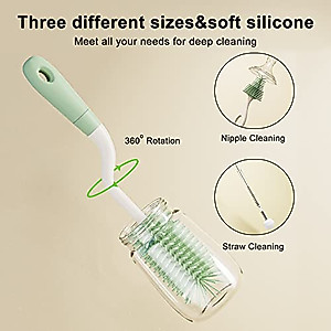 ePiiChua Silicone Bottle Brush Set with Stand, 360° Rotating Silicone Bottle Cleaning Brush Cleaner Set, Long Handle 3 in 1 Multipurpose Silicone Baby Bottle Gap Cap Cleaner Brush (Green)