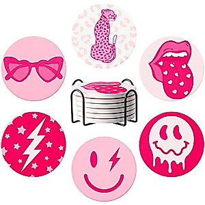 Kirako Preppy Drink Coasters with Holder, Set of 6 Smile Lip Lightning Bolt Leopard Vintage Glasses Anti Slip Absorbent Ceramic Cork Base Aesthetic Home Decor Housewarming Gifts, 4 Inch, Pink