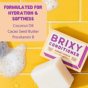 BRIXY Conditioner Bar for Hydration & Softness, All Hair Types, pH Balanced & Safe for Color Treated Hair, Vegan & Plastic-Free (1 Count, 4 oz) - Coconut Vanilla