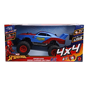Jada Toys Marvel Spider-Man Dodge Charger Daytona 4x4 Elite R/C with Turbo Boost USB Charging and Batteries Included (30761), Blue, Red