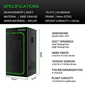 MELONFARM 2x2 Grow Tent 24"x24"x48''Reflective 600D Mylar Hydroponic with Observation Window, Floor Tray and Tool Bag for Indoor Plant Growing