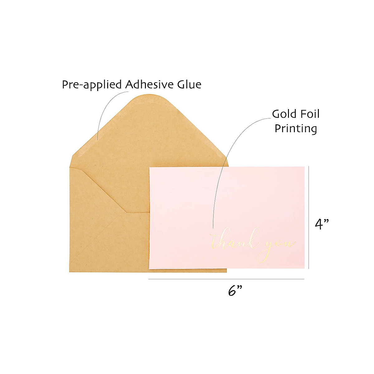 Thank You Cards - Blank 50 Pack Baby Pink Matte Finish Cards with Gold Foiled "Thank You" Printed with 52 Kraft Envelopes 4" x 6" - for Bridal Shower Baby Shower Birthday Party