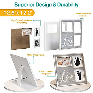 1Dino Premium Baby Handprint and Footprint Kit - 12.6” x 12.2" White/Grey Wood Baby Picture Frame - Includes 2X Clean Touch Ink Pad for Baby Hand and Footprints - Baby Registry, Baby Shower Gifts
