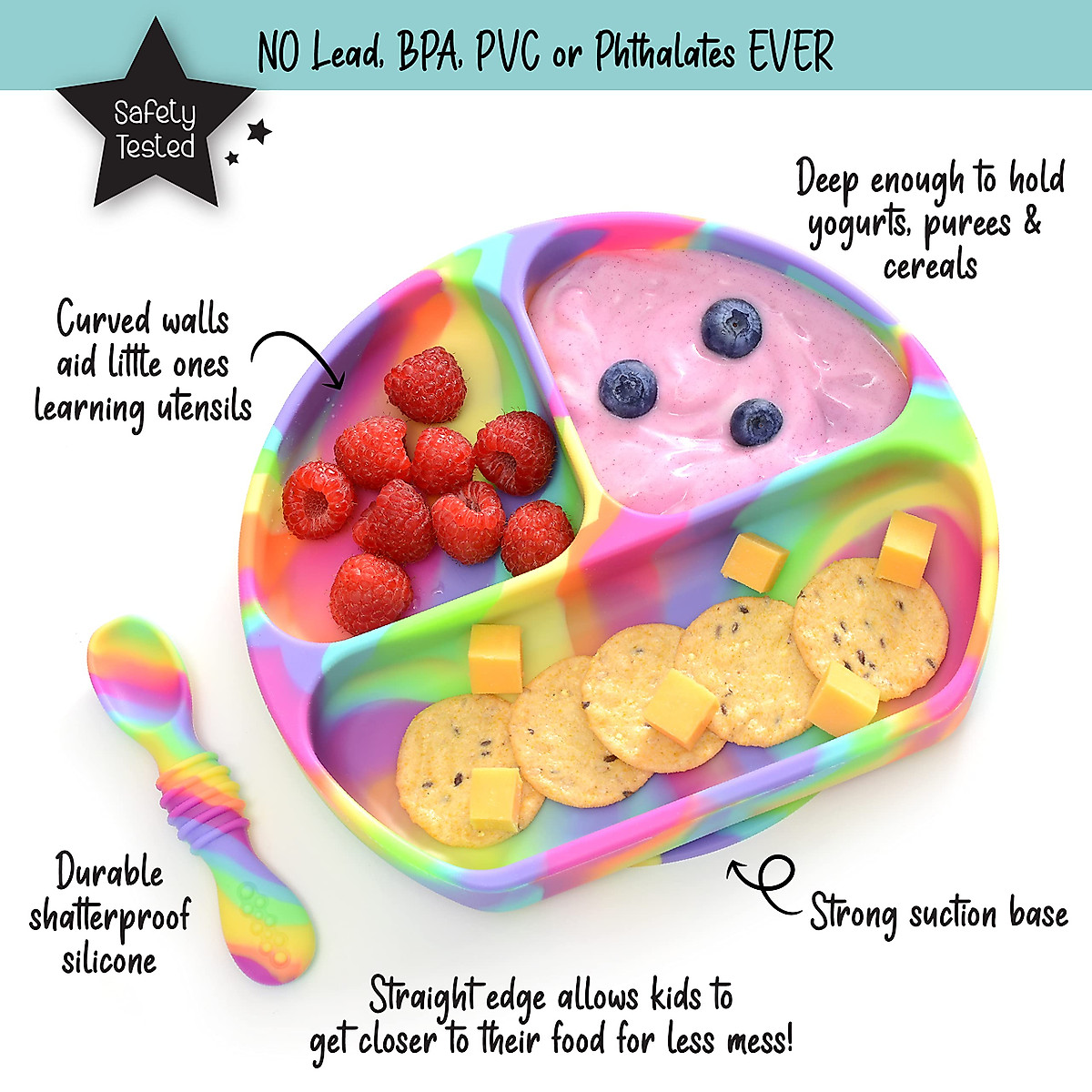 PrimaStella Unbreakable Silicone Non-Slip Plate and Chew Spoon Set for Babies and Toddlers