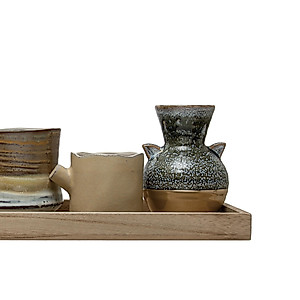 Creative Co-Op Mango Wood Tray with 3 Vases and 2 Planters, Multicolor Reactive Glaze, Set of 6