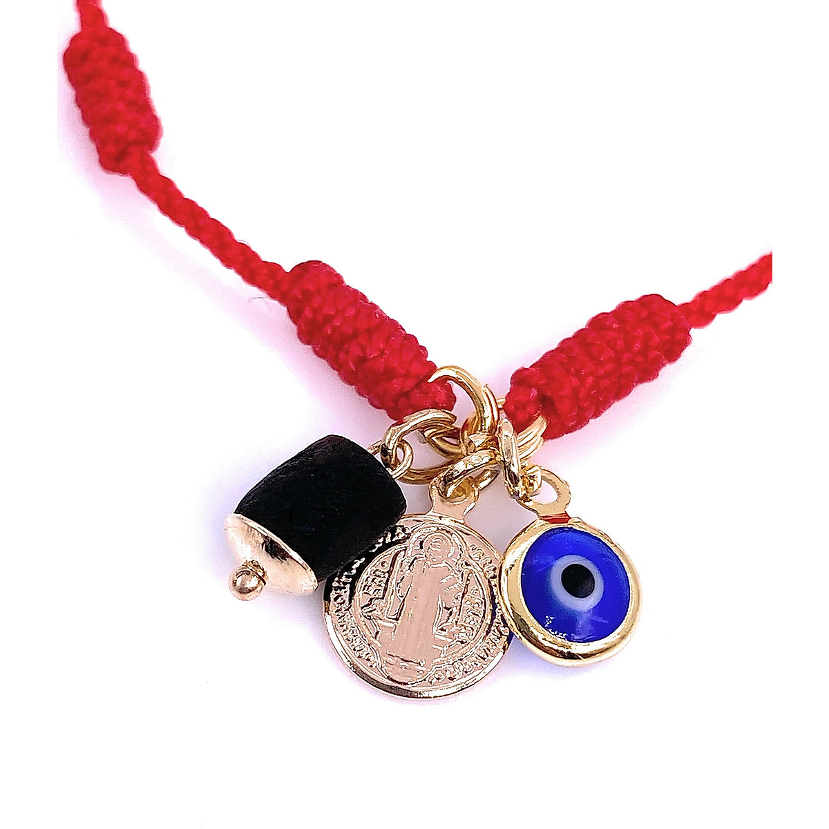 LESLIE BOULES Red Thread Saint Benedict Bracelet Blue Evil Eye & Genuine Azabache Stone Pendants Handmade Jewelry