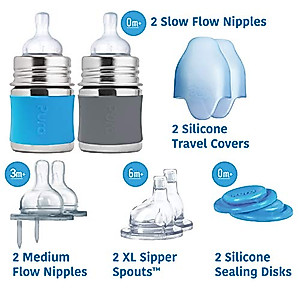 Pura Kiki Newborn Baby Bottle Gift Set - BPA-Free, Stainless Steel, Anti-Colic, Silicone Starter Feeding for Breastmilk & Formula - Aqua & Gray, 0-18 Months