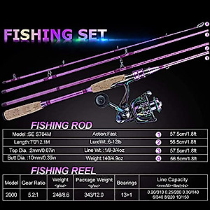 Sougayilang Fishing Rod Reel Combo，Carbon Fiber Protable Spinning Fishing Pole and Colorful Spinning Reel for Travel 4 Pieces Freshwater-6.9FT