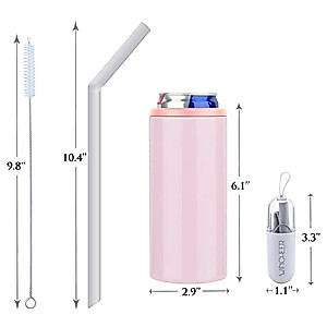 WinCheer 12 Oz Can Cooler with Reusable Straw, Double-walled Vacuum Stainless Steel Slim Can Holder for Beer Soda Beverage Energy Drinks Skinny Cans Sleeve (Pink)