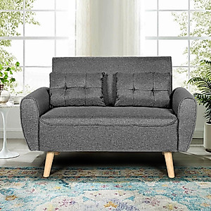 Oakmont 44" Small Modern Linen Fabric Loveseat Sofa, Comfortable and Stylish Love Seat with 2 Pillows and Thick Cushion, Durable Wood Leg Couch for Small Space, Living Room, Bedroom, Apartment (Grey)