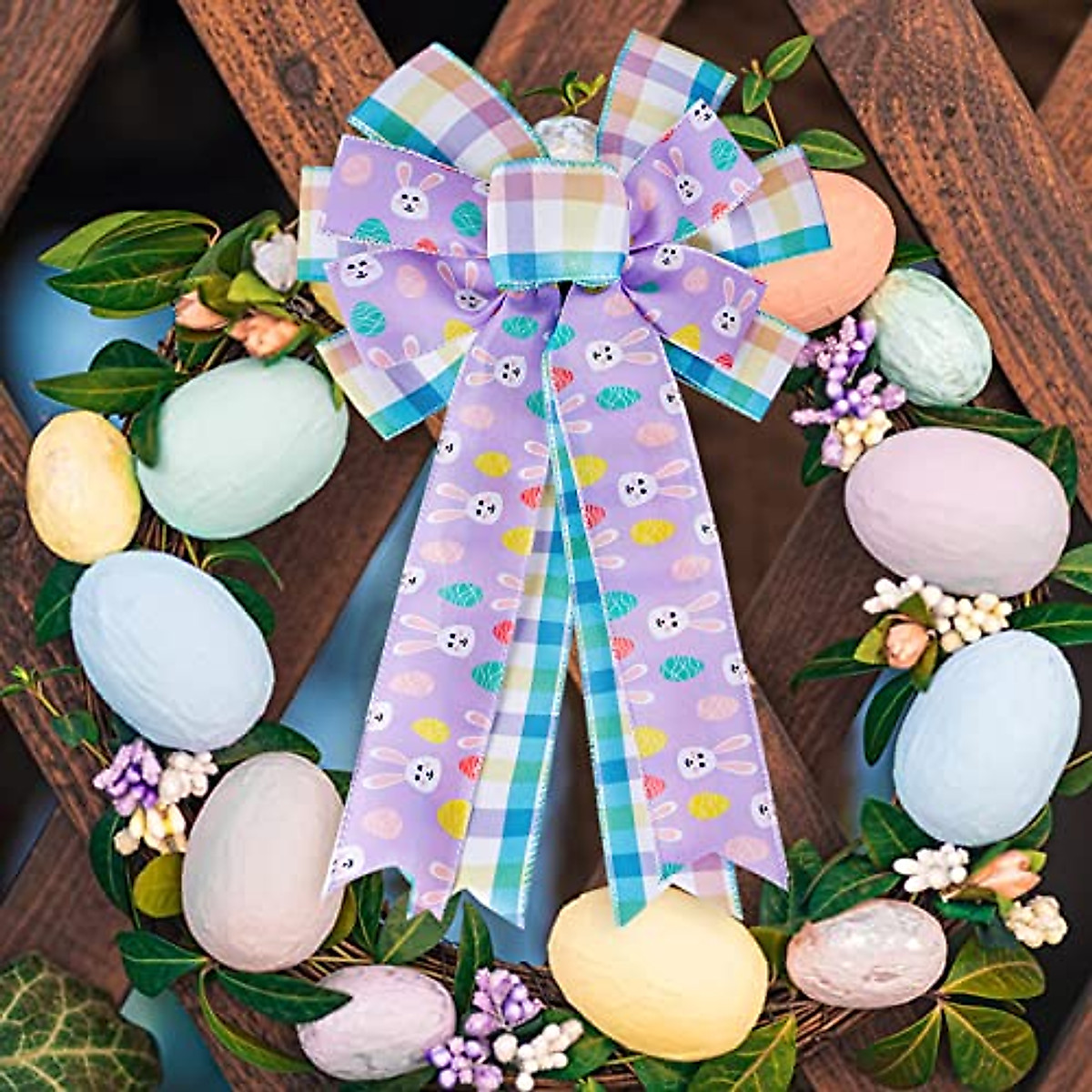 SIMISI RIBBON Easter Large Wreath Bow Burlap Wired Ribbbon Bow with Bunny Eggs Door Ornaments for Easter Day Gift Wrapping Party Decorations, 11x17.7 inch
