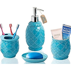Designer 4-Piece Bathroom Accessory Set – Ceramic Bath Set w/Liquid Soap or Lotion Dispenser, Toothbrush Holder, Tumbler and Soap Dish – Decorative Set w/Embossed Details – Modern Vanity Accessories