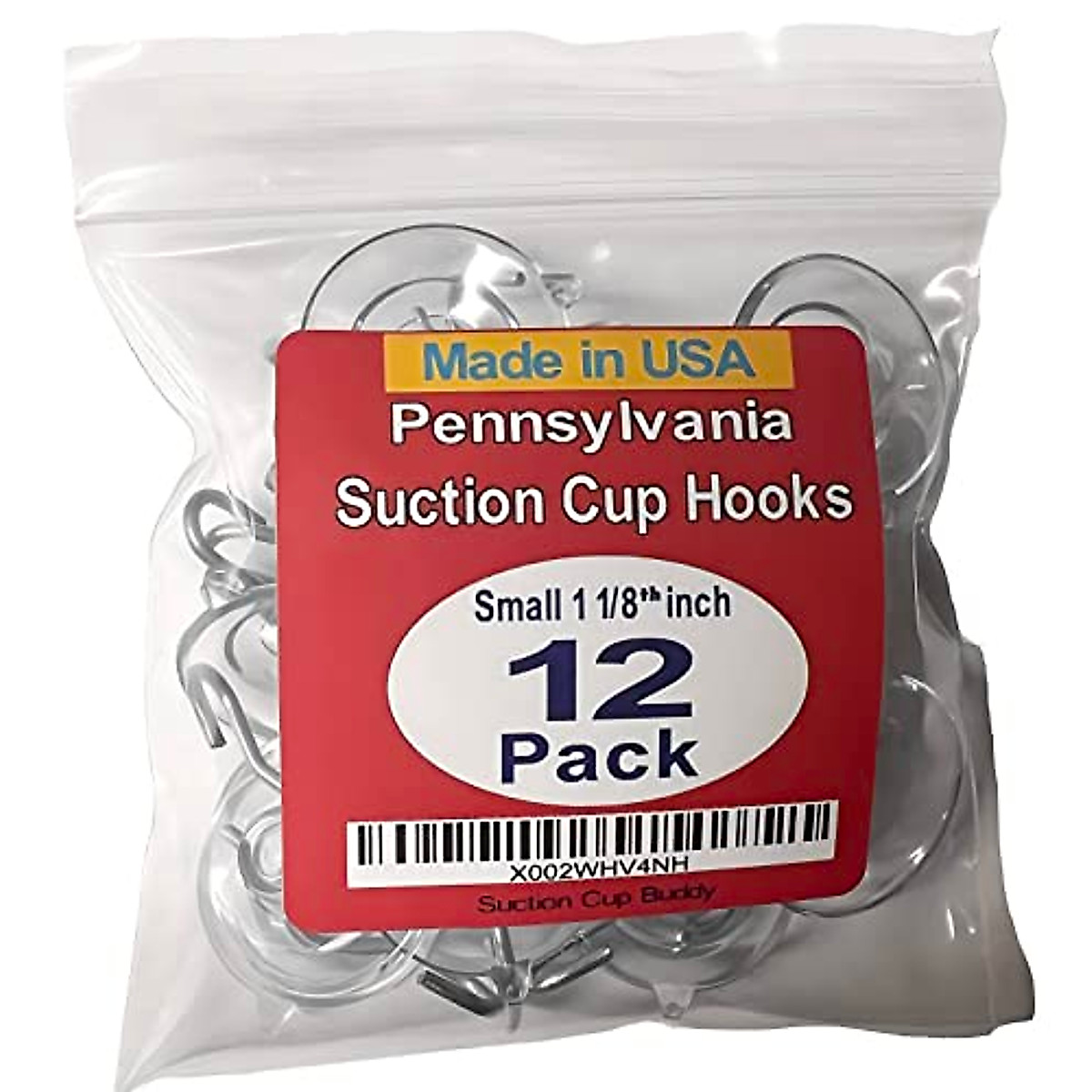 SCB-12 Pak Small 1 1/8-inch Pennsylvania Heavy Duty Suction Cup Hooks for Glass Windows. Signs Holiday Ornaments Suncatchers