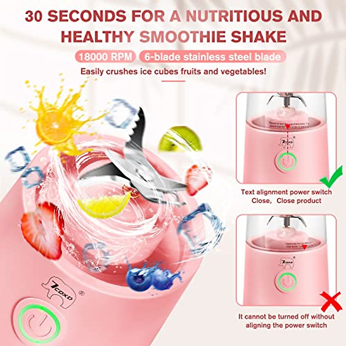Portable Blender, Personal Blender for Shakes and Smoothies 13.5 Oz Blender Bottles with 6 Sharp Blades Hand-held Blender for Kitchen Gym Travel Office