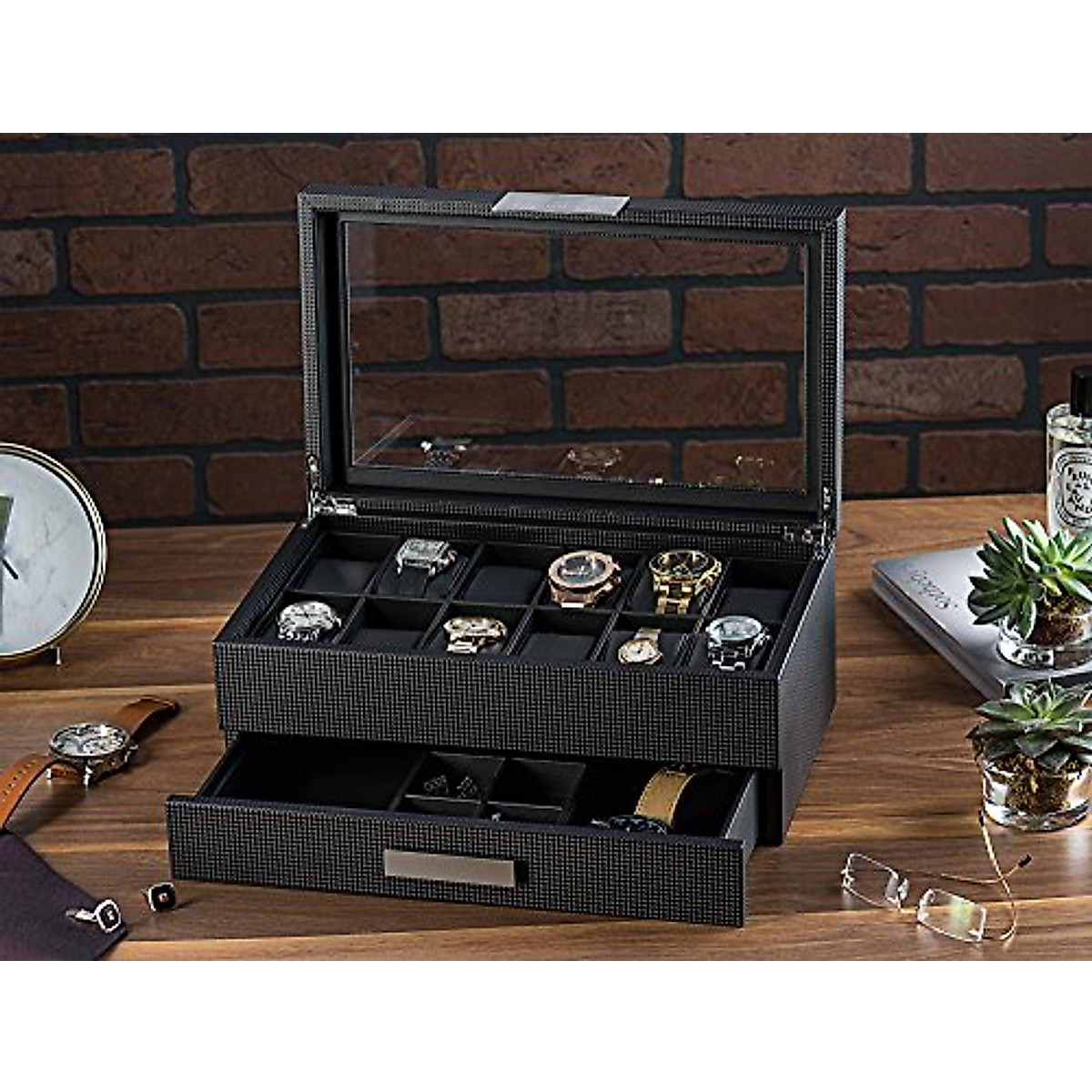 Glenor Co Watch Box with Valet Drawer for Men - 12 Slot Luxury Watch Case Display Organizer, Carbon Fiber Design - Metal Buckle for Mens Jewelry Watches, Men's Storage Boxes Holder has Large Glass Top
