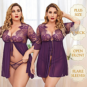 Avidlove Womens Lingerie Lace Plus Size Kimono Robe Mesh Nightgown Dress Sets Purple Large