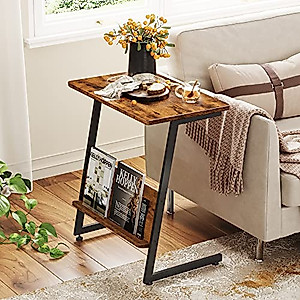 WLIVE Snack Side Table, C Shaped End Table with Magazine Rack for Sofa Couch and Bed, TV Tray Table with Metal Frame, Industrial, for Living Room, Bedroom, Easy Assembly,Rustic Brown and Black
